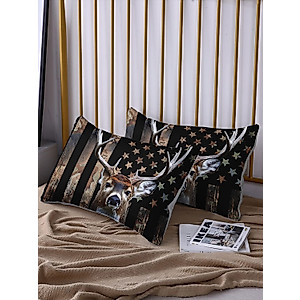 HOSIMA Deer Hunting Camo Bedding,Hunter Bedding Set American Flag Fitted Sheet Set Queen Size for Adult Teen Boy Bedroom Decor,1 Fitted Sheet+2 Pillowcases.