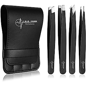 S.A.Q. JILLANI Eyebrow Precision Tweezers Set- For Men and Women Facial and Ingrown Hair Removal - Professional Stainless Steel Splinter and Slant 4 Pieces with Case (Black)