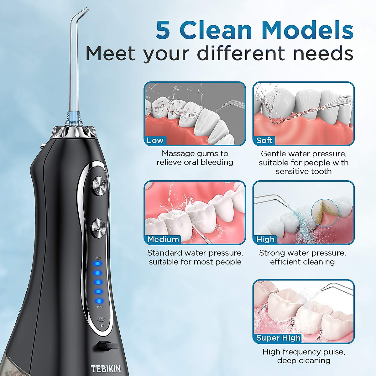 TEBIKIN Cordless Water Flosser Portable Dental Professional Oral Irrigator with Gravity Ball Powerful Travel Water Teeth Cleaner with 5 Levels 5 Tips IPX7 Waterproof 300ML for Home Travel