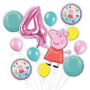 Customizable Peppa Pig Balloon Bouquet featuring Peppa - Choose your Age Number - Party Supplies Bundle, Birthday Decorations, Foil and Latex, Inflate With Helium