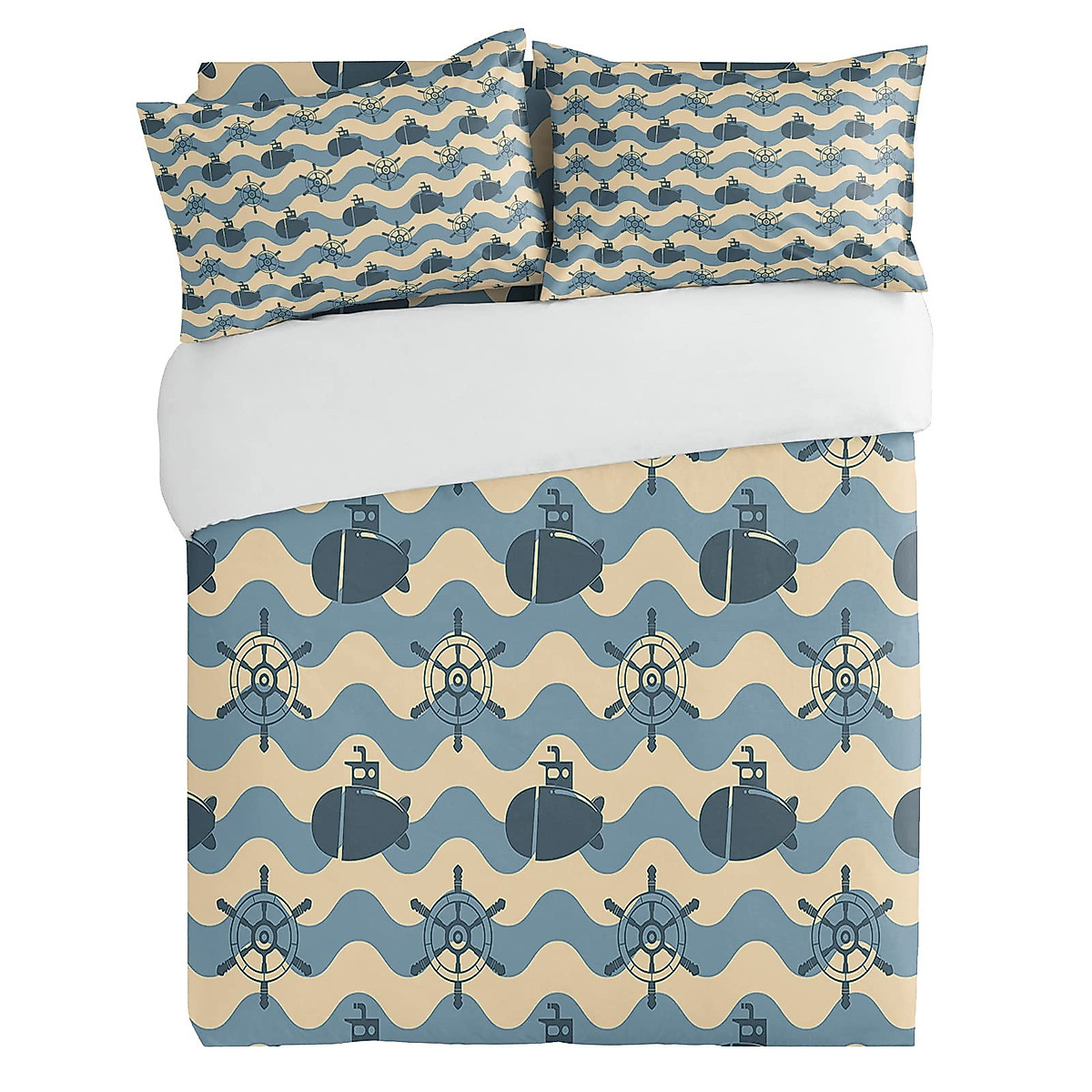 California King Duvet Covers Nautical Rudder Submarine 3-Piece Bedding Sets Luxury Soft Microfiber Bed Comforter Protector with Pillow Cases for Women Men Girl Boy Water Ripple Stripes