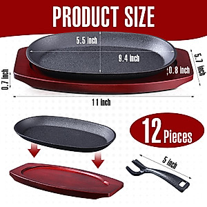 Mifoci 12 Pieces Oval Cast Iron Fajita Skillet Pan Set Small Sizzling Steak Plate with Wooden Base and Handle Cast Iron Fajita Skillet Sizzling Plate for Home Restaurant Barbecue Picnic Wedding