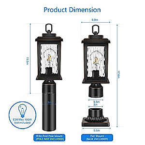 VIANIS Dusk to Dawn Outdoor Post Light with Pier Mount Base, Waterproof Lamp Post Light Fixture, Black Aluminum 3-inch Exterior Post Lamp with Tempered Glass for Driveway, Backyard, Patio, Garden