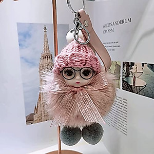 Rertnocnf Cute Kawaii Glasses Doll Backpack Car Key Keychain Kids Girls Women Lover Cartoon Soft Plush Handbag Wallet Hanging Accessories for Gifts Presents Light Pink