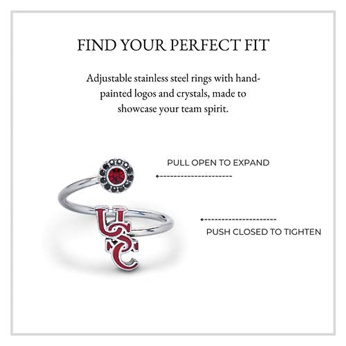 Stone Armory University of South Carolina Gamecocks Jewelry - USC Gamecock Ring with Crystals - Hypoallergenic and Adjustable Sizes 5-12 - USC Gamecocks Gifts for Women