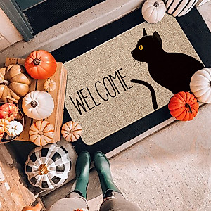Artoid Mode Black Cat Welcome Decorative Doormat, Pet Halloween Floor Mat Switch Mat for Indoor Outdoor 17 x 29 Inch