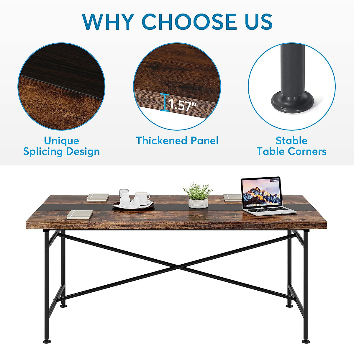 Tribesigns 63 Inch Conference Table, 6 Person Rectangular Conference Table, Meeting Table Seminar Boardroom Table with Strong Metal Frame for Office Conference Room (Rustic Brown & Black)