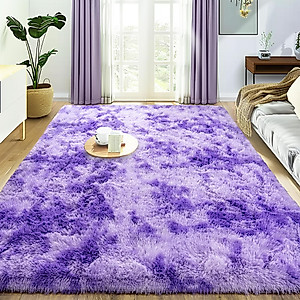 Super Fluffy Rug for Bedroom, 4x6 Shag Fuzzy Area Rug for Living Room Bedroom, Plush Soft Carpet for Girls Boys Kids, Non Slip Throw Rugs for Dorm, Modern Home Decor Aesthetic, Tie-Dyed Purple