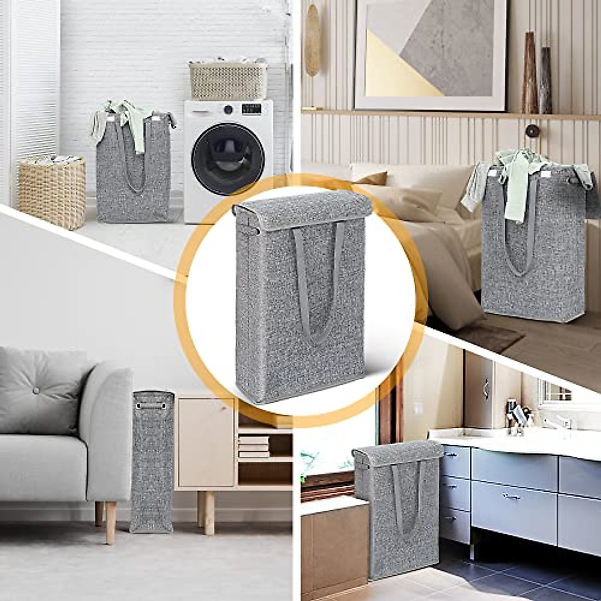 TEAYINGDE slim Laundry Basket with Lid, Tall Thin Laundry Hamper with Handles, Waterproof Lining Narrow Dirty Clothes Hamper for Bathroom Bedroom Dorm Organization Storage, 45L Grey