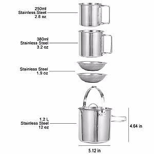DZRZVD Camping Coffee Kettle and Mugs Set - Stainless Steel Pot with Collapsible Handle and Lid - Boiling Water with Open Fire for Hiking Backpacking Picnic Outdoor - 1.2 L