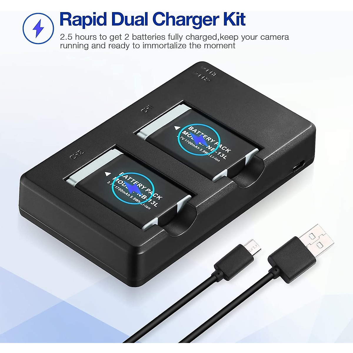 Powerextra 2-Pack NB-13L Battery and Rapid Dual USB Charger for Canon PowerShot G7 X Mark ii, G1 X Mark iii, G5 X, G7 X, G9 X, G9 X Mark ii, SX620 HS, SX720 HS, SX730 HS, SX740 HS Cameras