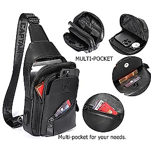 BULLCAPTAIN Leather Sling Chest Bag for Men Outdoor Hiking Travel Crossbody Bag Backpack with USB Charging Port (Black)