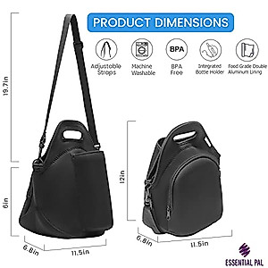 Essential Pal Black Insulated Lunch Bag Tote – Thick, Durable Neoprene Lunch Bags with Double-Layer Insulation & Insulated Bottle Holder – Machine-Washable, Freezable Lunch Bag with Removable Strap