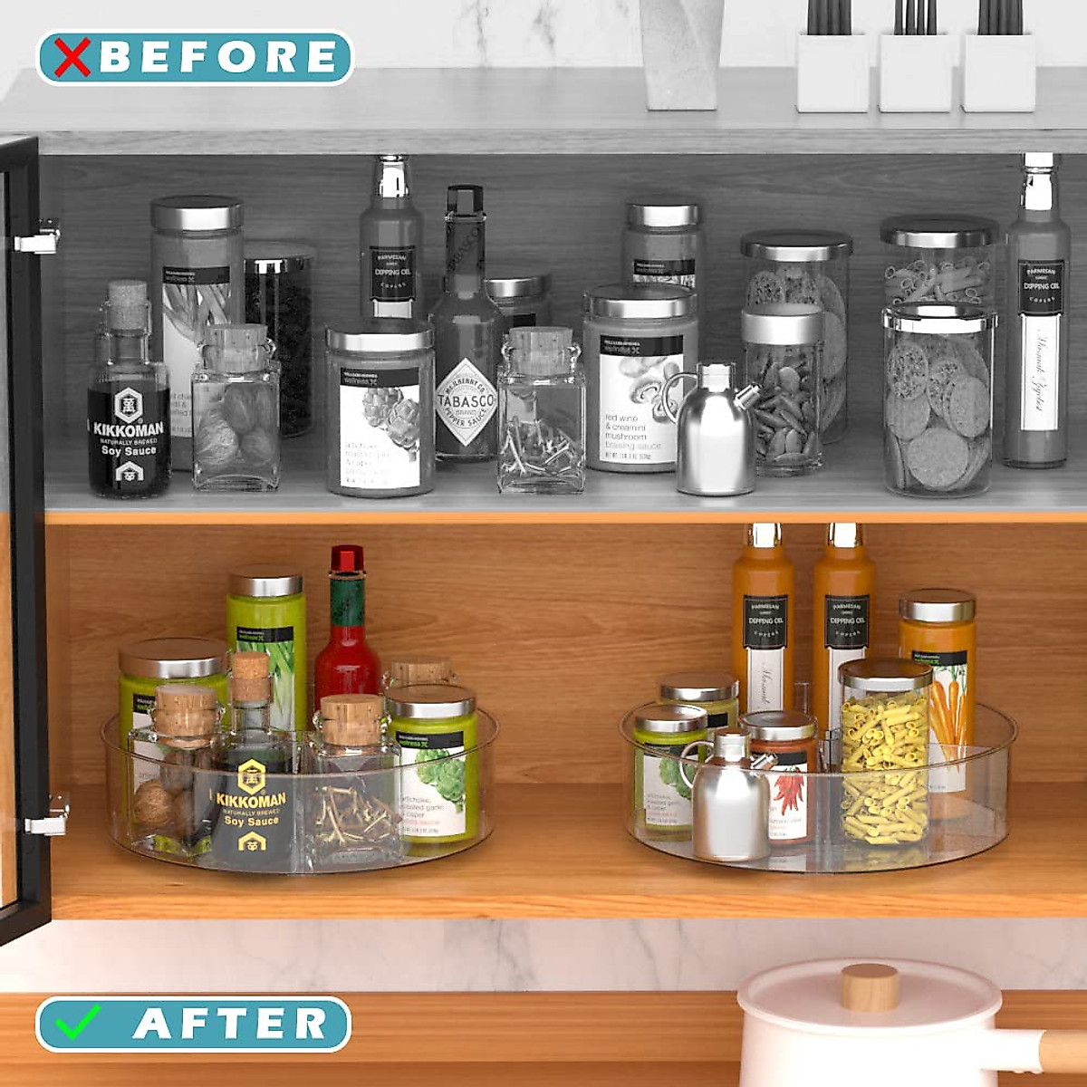 Slideep Lazy Susan Plastic Turntable Divided Spinner for Kitchen Cabinet, Pantry, Fridge, Cupboard, Counter Organizing Fully Rotating Organizer for Food, Spices, and Condiments, 11.5" Clear - 2 Pack