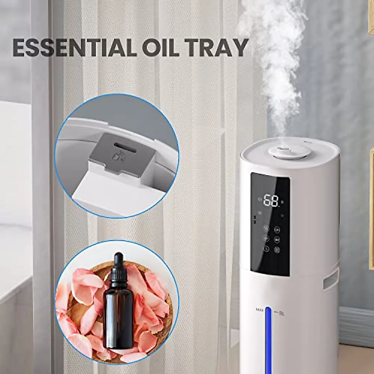 Humidifiers for Bedroom Large Room Home, 8L Top Fill Cool Mist Humidifiers for Baby and Plants, 360°Rotation Nozzles, Essential Oil Diffuser, Customized Humidity, Sleep Mode (White)