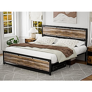 AOVSA Metal King Size Bed Frame, Industrial Platform Bed Frame with Rustic Vintage Wooden Headboard Footboard, Strong Metal Slats Support, No Box Spring Needed, Easy Assembly, Light Brown