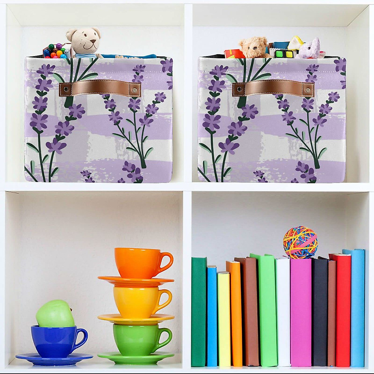 Purple Lavender Stripes Storage Baskets Large Foldable Storage Bin Canvas Toys Box Fabric Decorative Collapsible Organizer Bag with Handles 2 Pcs