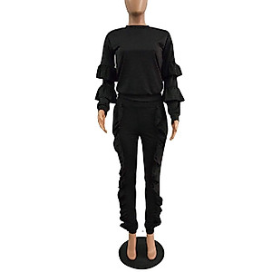 KANSOON Women 2 Pieces Outfits Long Sleeve Sweatshirt and Bodycon Ruffle Sweatpants Tracksuits Black Large