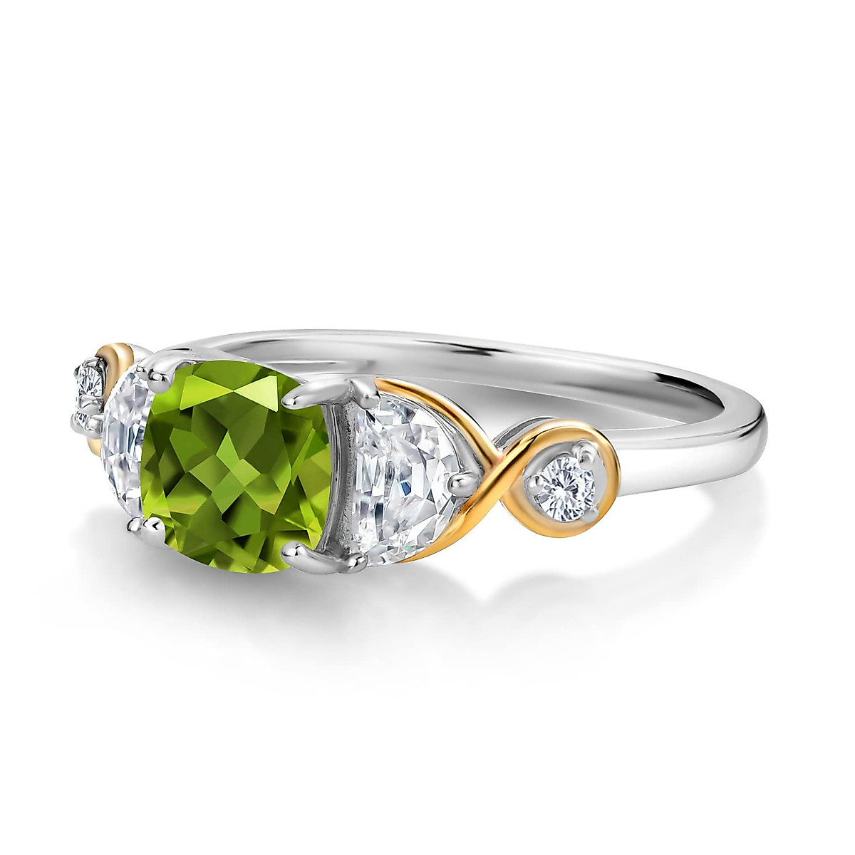 925 Silver and 10K Yellow Gold Cushion Peridot Half Moon Moissanite and White Lab Grown Diamond 3-Stone Engagement Ring For Women (1.51 Cttw, Gemstone Birthstone, Available In Size 5, 6, 7, 8, 9)
