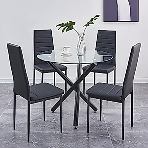ROOIOME Round Glass Dining Table Set 5 Pieces Dining Table Chair Set for Home Kitchen Round Tripod Chrome Legs Table with 4 PU Chairs, Contemporary Dining Room Furniture Set for Small Space