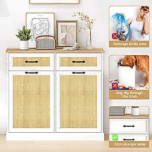 IDEALHOUSE Double Tilt Out Trash Cabinet with Natural Rattan, Hidden Trash Can Cabinet 10 Gallon Storage Holder, Freestanding Garbage Bin Cabinet for Kitchen Dining Living Room