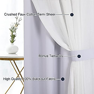 OWENIE Double Layer Blackout Curtains 96 Inches Length 2 Panels Set- Faux Cotton & Total Blackout Curtain Liner White Drapes, Soft Crushed Elegant Window Panels with 2 Tiebacks, Set of 4, 50W x96L