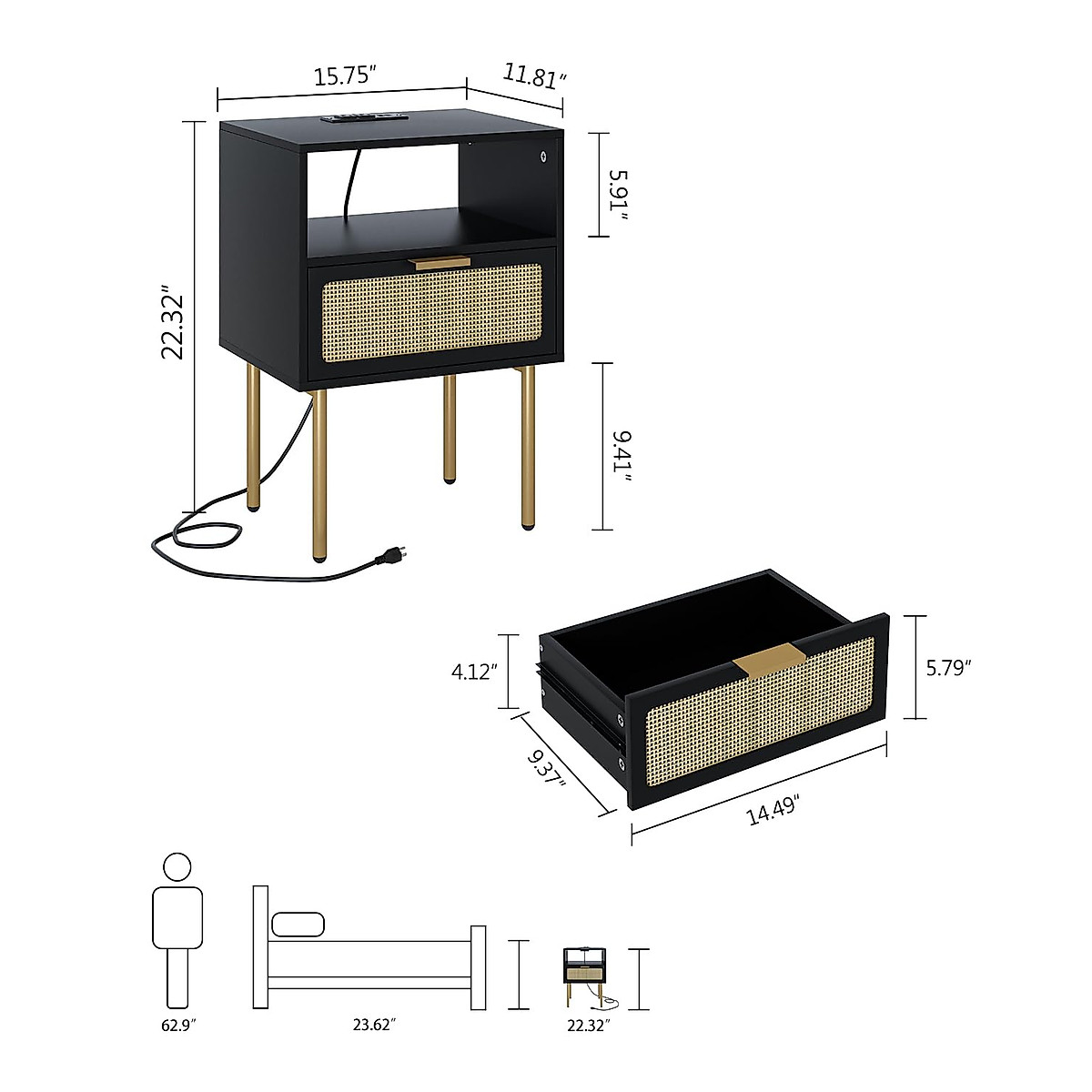 Aienvey Rattan Nightstand with Charging Station, Drawer Dresser for Bedroom, Small Bedside Table with Drawer, Night Stand, End Table with Gold Frame for Living Room, Black