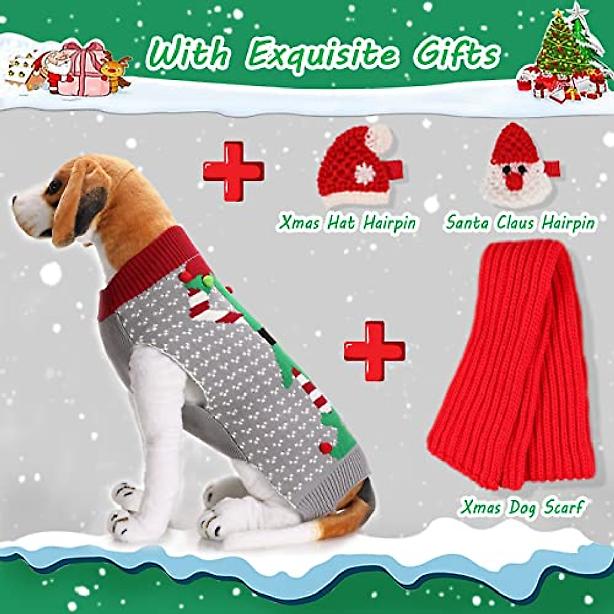 SGQCAR 4Pieces Ugly Christmas Dog Sweater with Scarf and Hairpin Xmas Pet Dog Winter Knitwear Elf Dog Clown Sweater Holiday and Party for Small Medium Dogs Cat