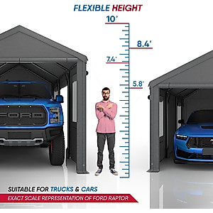 Alaskashield.US Carport 10'x 20' | Reinforced Heavy Duty Car Port | Height Adjustable Metal Tent | All Season PE Tarp Canopy | Portable Garage | 3 Roll-Up Doors & Removable Sidewalls | Dark Grey