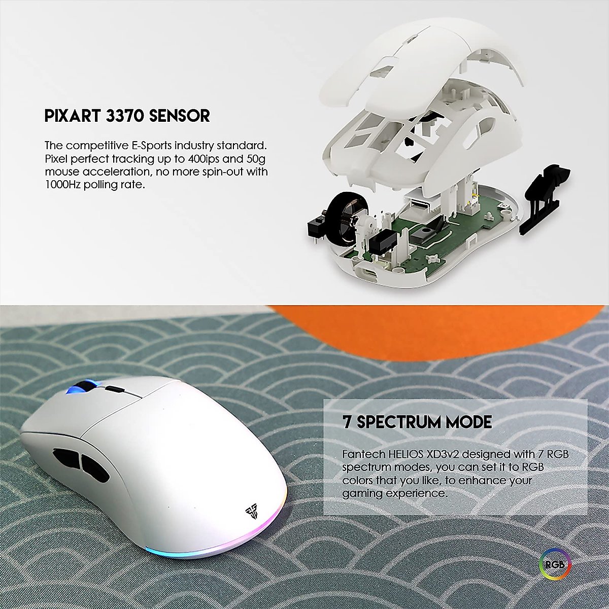 FANTECH Helios XD3 V2 Symmetrical Wireless RGB Gaming Mouse, PixArt 3370 19,000 DPI Kailh Switches 6 Programmable Buttons Professional Grade Small Size Mouse, Dual Modes Mouse, XD3V2 White