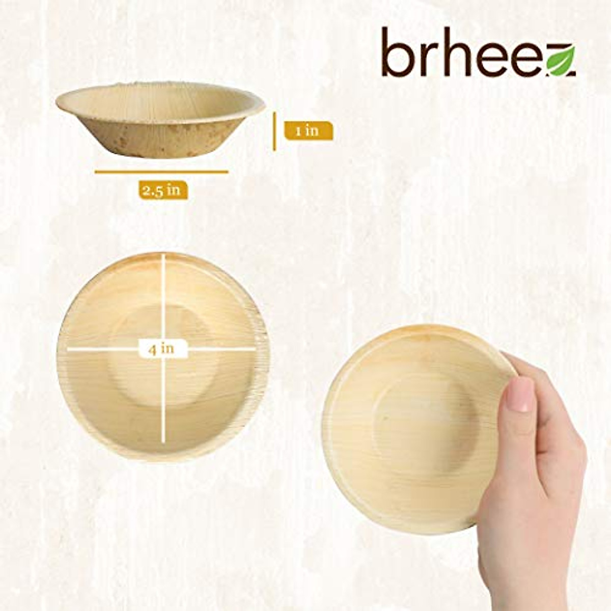 brheez Palm Leaf Bowls 4 Inch - 25 Pack - Eco Friendly, Compostable & Biodegradable – Elegant Bamboo Look Disposable Bowls are Heavy Duty and More Environmentally Friendly than Paper Bowls