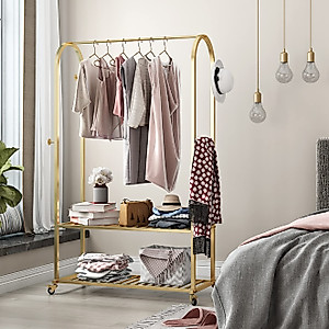 Gold Clothing Rack on Wheels Modern Display Rack with 2-tier Shelf Metal Hanging Rack Gold Clothes Rack for Boutique, Retail or Home (gold)