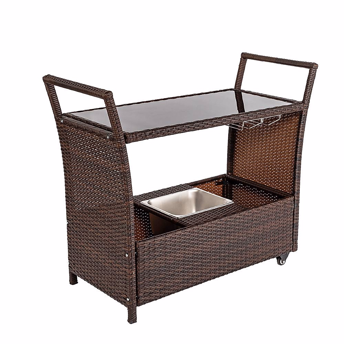 Bonnlo Wicker Outdoor Bar Cart with Wheels and Ice Bucket, Outdoor Bar Table Serving Cart Rattan Bar Cart with Glass Top and Wine Glass Holder for Pool, Party, Backyard, Porch