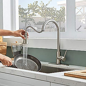 KINGO HOME Modern Commercial High Arc Stainless Steel Single Lever Handle Pull Down Sprayer Brushed Nickel Kitchen Faucet, Kitchen Sink Faucet with Deck Plate