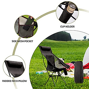 Camping Chair for Adults Portable Camp Chairs for Beach, Hiking, Picnic, Travel, Outdoor Activities, High Backrest and Aircraft Grade Aluminum Lightweight Camping Chairs Support 330LBS, Black