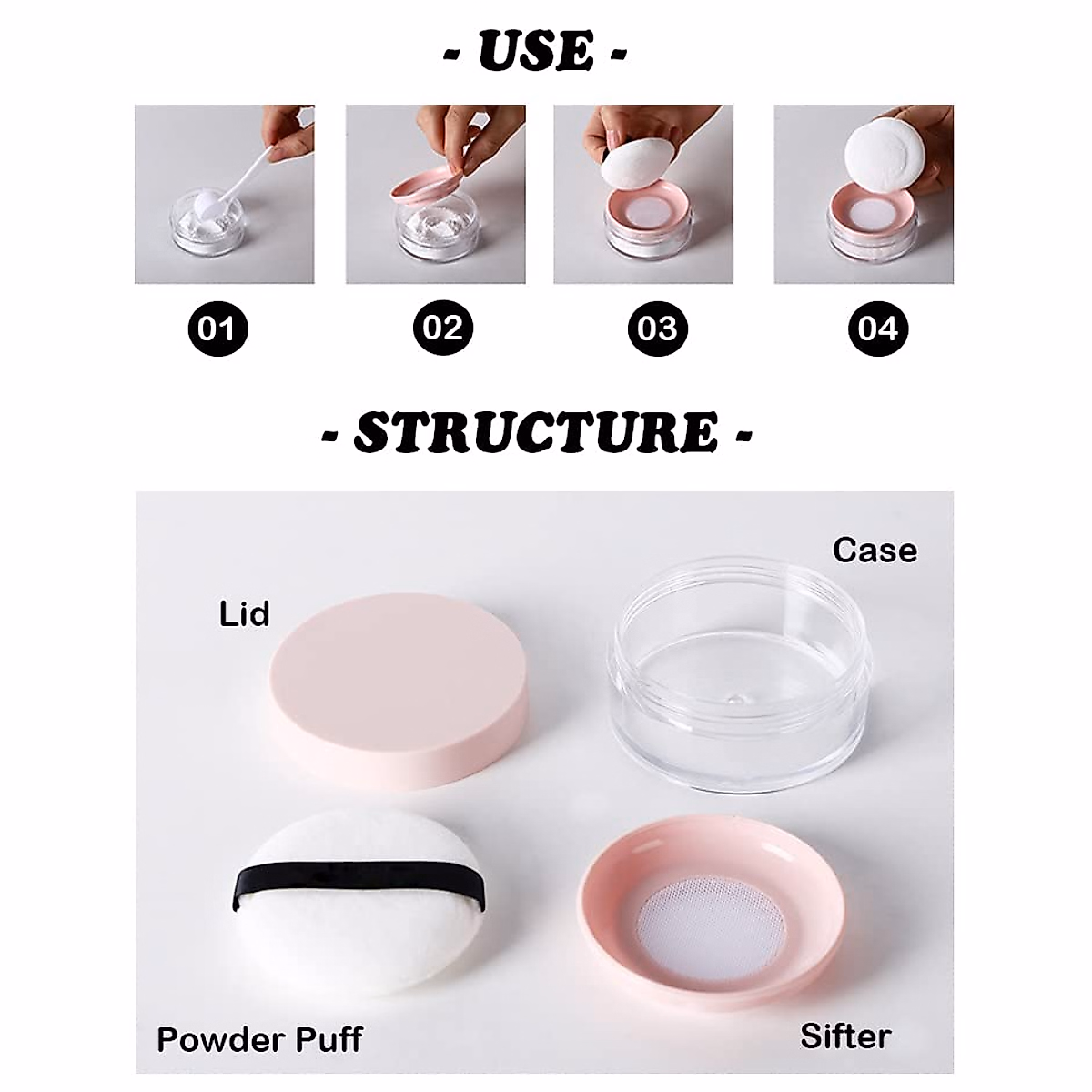AKOAK Capacity 10 ml(0.33 oz) No Leaks Empty Reusable Plastic Loose Powder Compact Container DIY Makeup Powder Case with Sponge Powder Puff,Elasticated Net Sifter and Pink Threaded Screw Lid