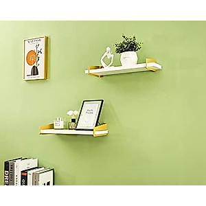 Firsttry Floating Shelves ,Gold Metal Brackets White Rustic Wood Wall Storage Shelf , Photo Display Ledges,for Bathroom, Living Room, Bedroom, Kitchen, Office, Bookshelf。