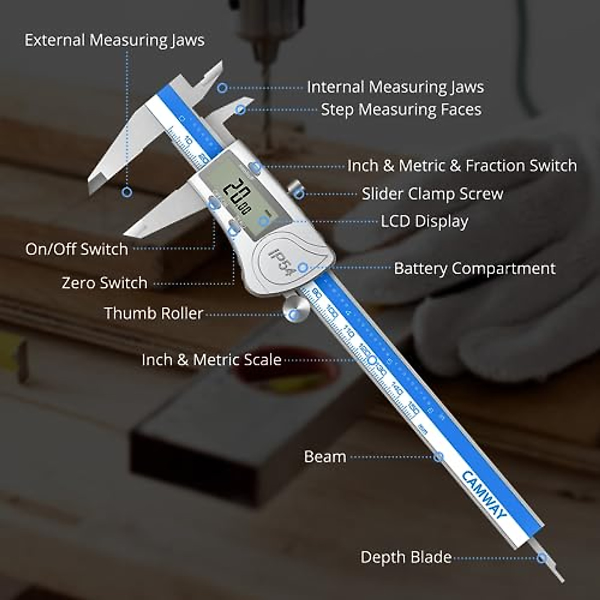 CAMWAY Digital Caliper Waterproof + 32PCS Feeler Gauge, Digital Caliper 150 mm,6 Inch Stainless Steel Electronic Vernier Caliper Fractions/Inch/Metric Measuring Tool