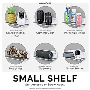 BRAINWAVZ 2-Pack 9” Floating Shelf Bluetooth Speaker Stand, Adhesive & Screw Wall Mount, Anti Slip, for Cameras, Baby Monitors, Webcam, Router, Wide Universal Holder Shelves (SHELF23 White)