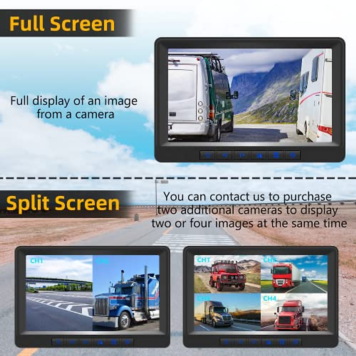 FHD 1080P Wireless Backup Camera Kit 7” LCD Monitor with Blue Backlit Buttons Support Split Screen Two Cameras IP69 Waterproof IR Night Vision for Bus/RV/Truck/Trailer/Motorhome/Boat