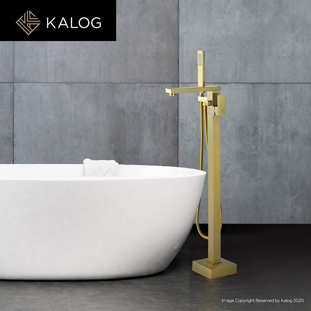 Kalog Single Handle Freestanding Tub Filler Floor Mount Bathtub Faucet with Square Handheld Shower (Brushed Gold-E)