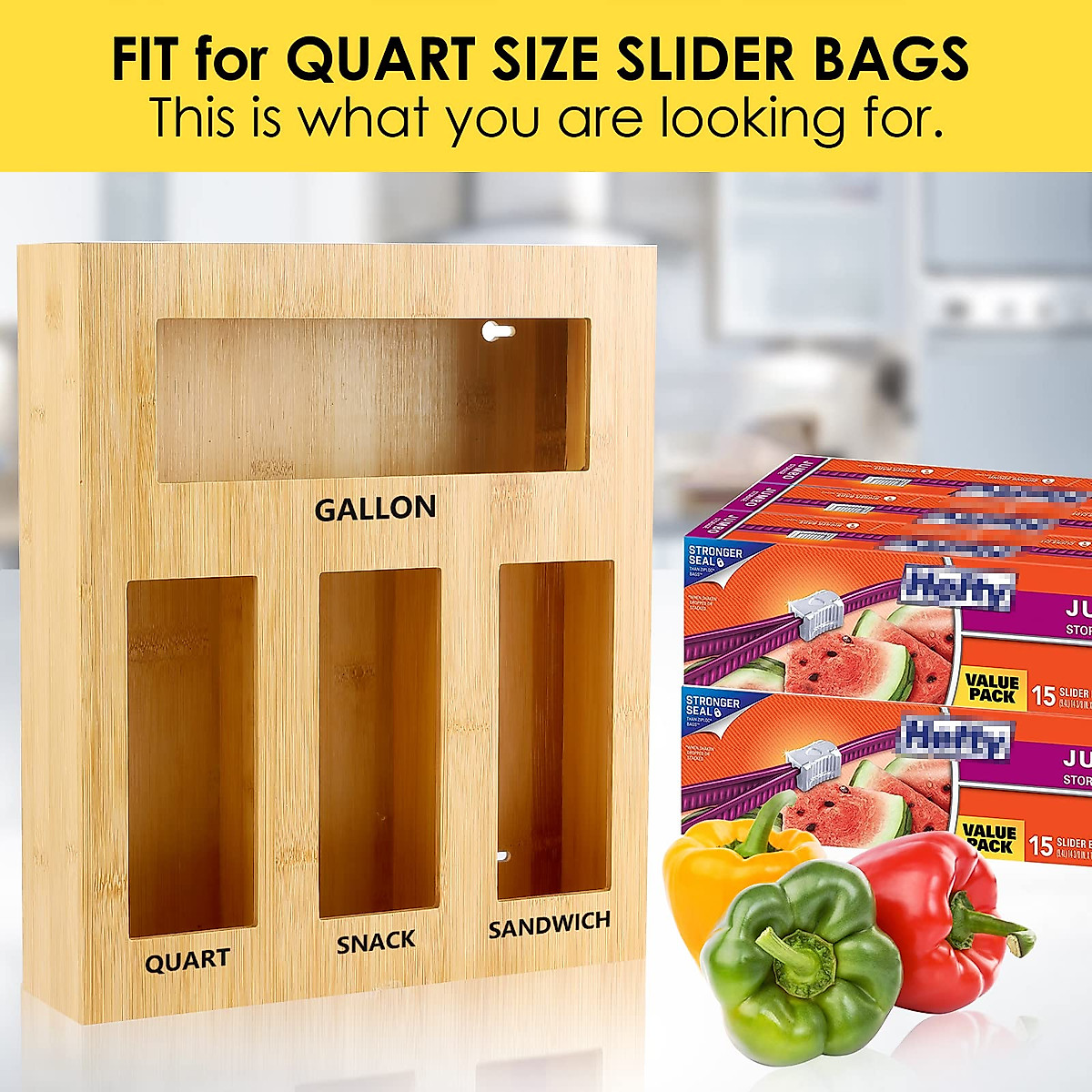 Bag Storage Organizer with Stickers for Kitchen Drawer, Bamboo Made Food Storage Wrapped Baggie Organizer Holders Dispenser, Compatible with Gallon Quart (Slider Quart) Sandwich and Snack Size Bags