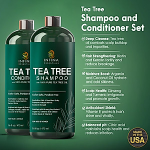 Tea Tree Shampoo and Conditioner Set - Deep Cleansing, Strengthening and Shine-Boosting Formula for Dry Scalp - For Men & Women - 16 fl oz each