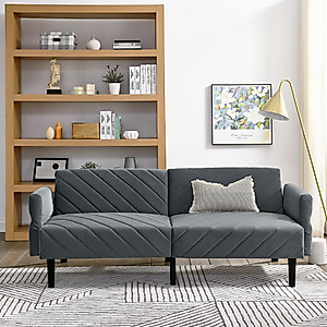 Velvet Futon Sofa Bed Couch, Convertible Sleeper Sofa with Adjustable Armrests and Backrest, 78" 3 Seats for Living Room, Office, Apartment (Grey)