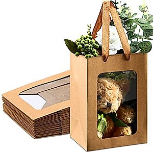 Yexiya 15 Pcs Paper Gift Bags with Clear Window, 7 x 5 x 10 Inch Kraft Paper Bags with Handles Transparent Flower Bouquet Bags for Present Bridal Shower Festivals Party (Kraft Color)