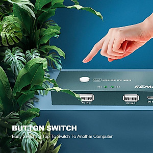USB Switch for 2 Computers Sharing 4 USB 2.0 Port Devices, USB 2.0 Peripheral Switch Box Hub for One-Button Swapping, Compatible with Windows Mac Linux, Powered by USB, with 2 USB Cables