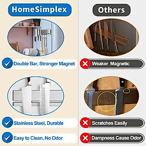 HomeSimplex 12 Inch Magnetic Knife Holder for Refrigerator with 6 Hooks - Double Sided Magnetic Knife Strip for Fridge - Premium Magnetic Knife Bar Rack - 304 Stainless Steel Kitchen Utensil Hanger
