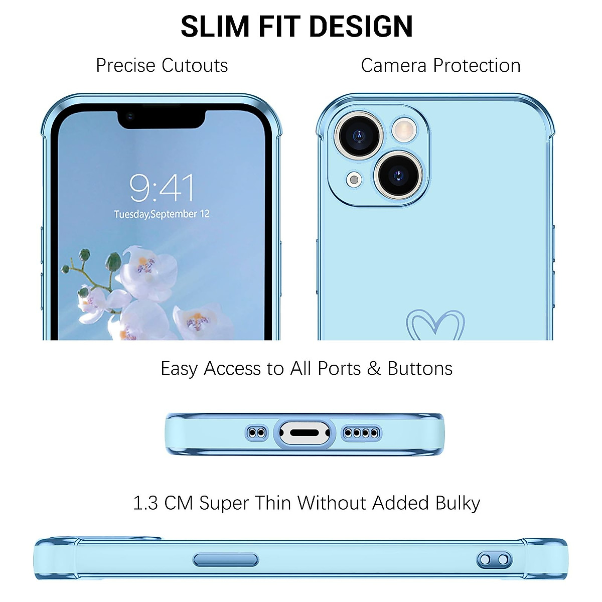 BENTOBEN for iPhone 13 Mini Phone Case, Cute Heart Pattern Slim Fit Soft Flexible Shockproof TPU Bumper Protective Women Girls Boys Men Non-Slip Lightweight Cover for iPhone 13 Mini 5.4 Inch, Blue