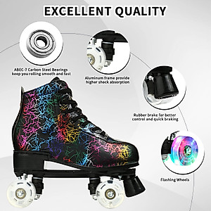 Women's Roller Skates Light Up Wheels, Leather Adjustable Double Row Roller Skates Illuminating Derby Skates Illuminating for Teens and Youth (Lightning Black Flash Wheel,8.5)