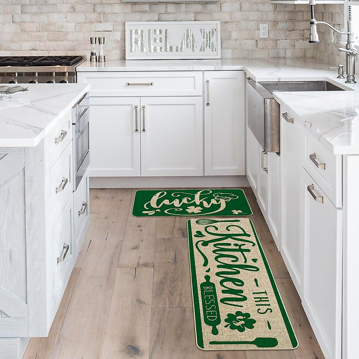 Artoid Mode This Kitchen is Blessed Luck Clover Shamrock Decorative Kitchen Mats Set of 2, Home Party Home Kitchen Rugs - 17x29 and 17x47 Inch